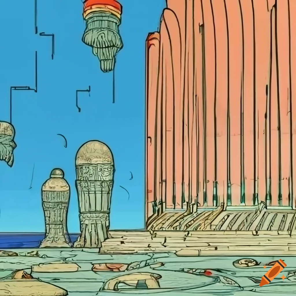 Moebius illustration of futuristic temple seamless texture on Craiyon