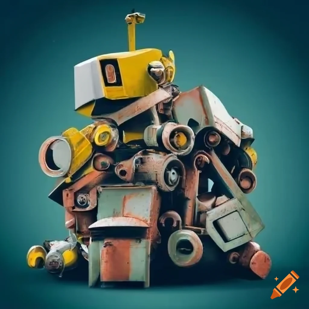 Colorful robot garbage made of rusty machinery and mechanisms on Craiyon