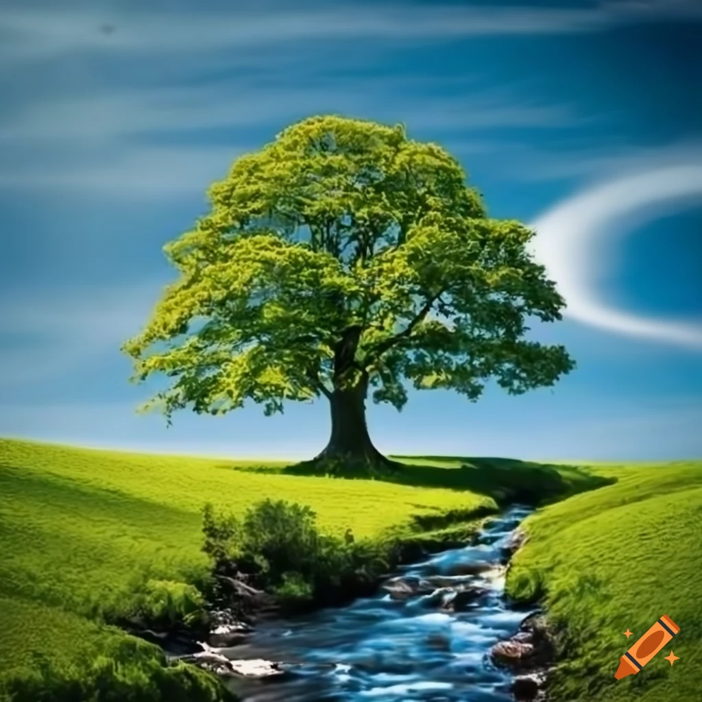 Thick oak tree in sunshine on a hill with a clear stream flowing on Craiyon