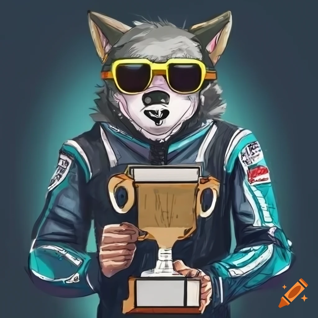 Wolf in a formula driver's outfit with sunglasses holding a trophy on ...