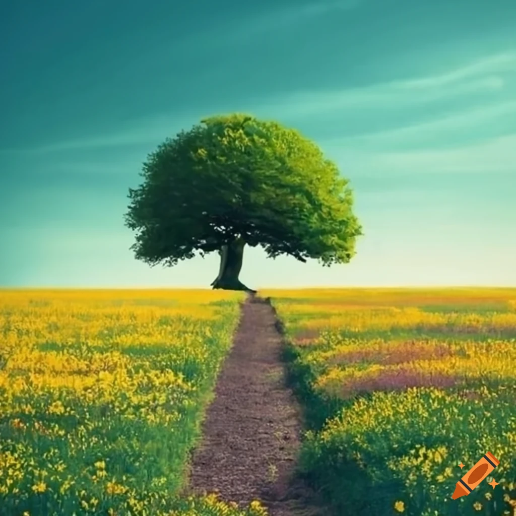 Field with flowers and tree with a pathway on Craiyon