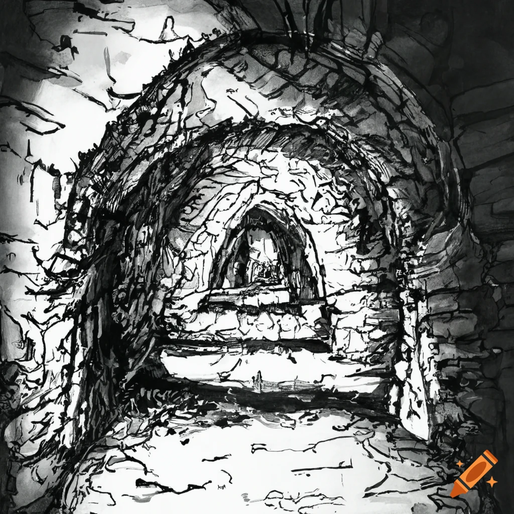 Black and white ink drawing of a hallway in a megalithic barrow tomb ...