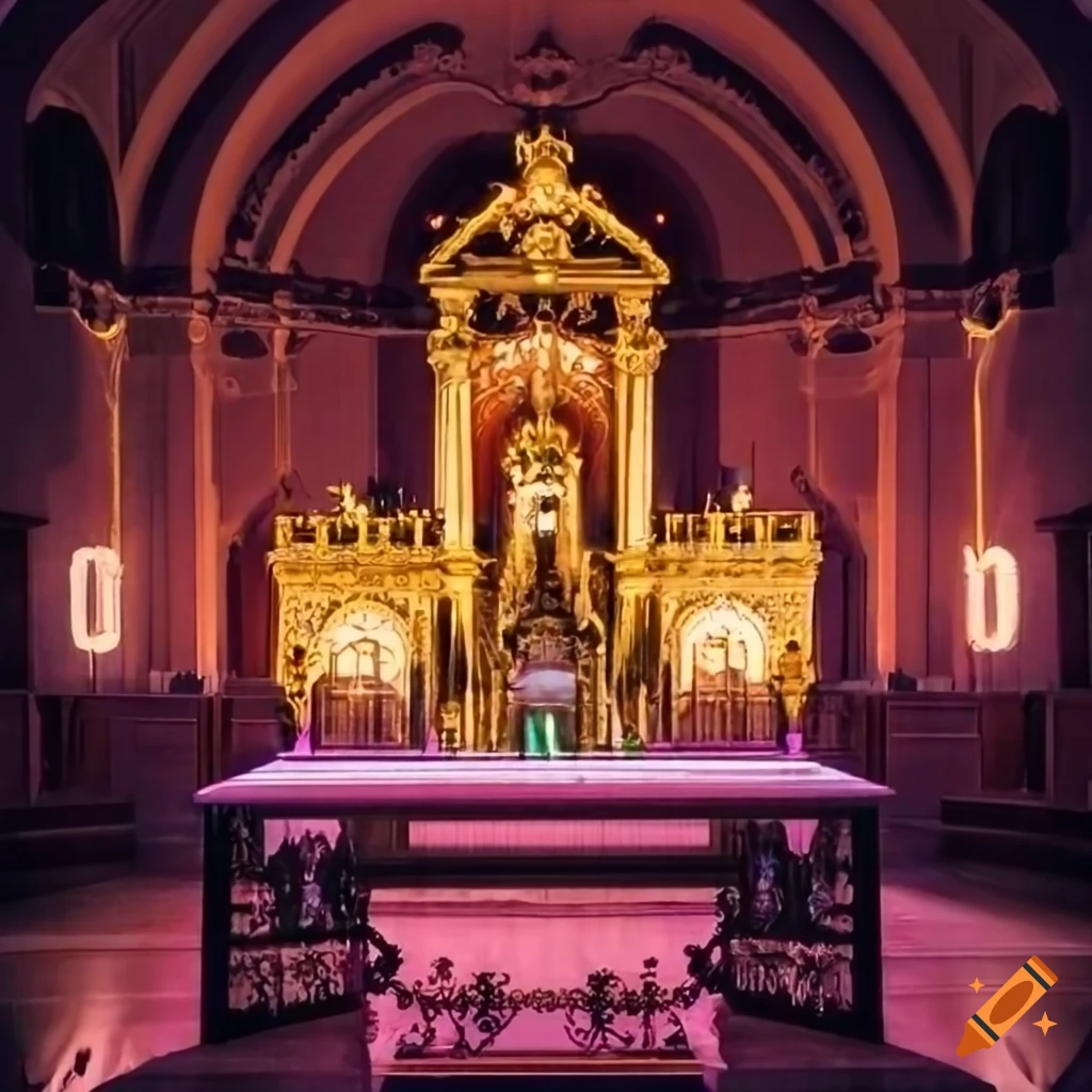 Neon altar in a religious setting on Craiyon