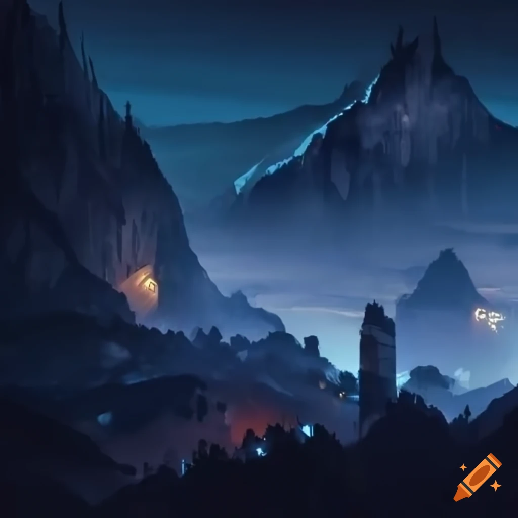 Nighttime view of mountain slum area on Craiyon