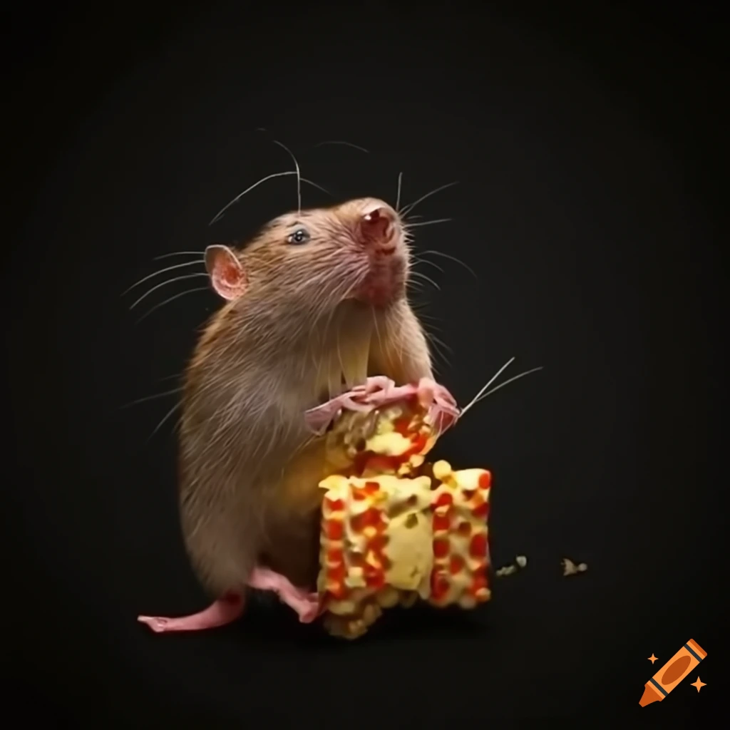 Rat holding a cracker with crumbs falling from its mouth on Craiyon