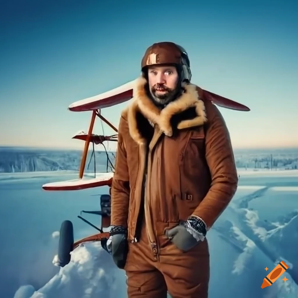 Open cockpit airmail pilot in a winter scene standing in front of a ...