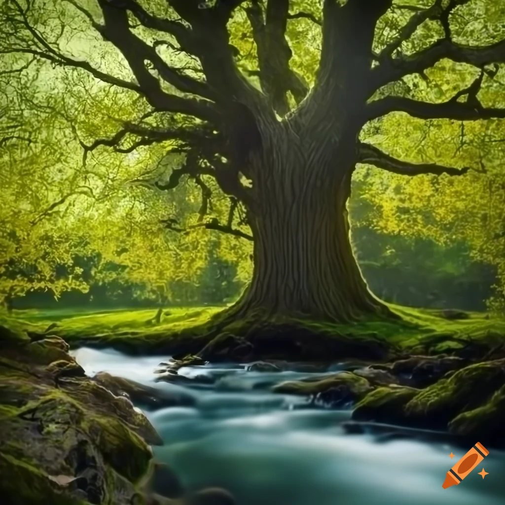 Thick oak tree in sunshine on a hill with a clear stream flowing next ...