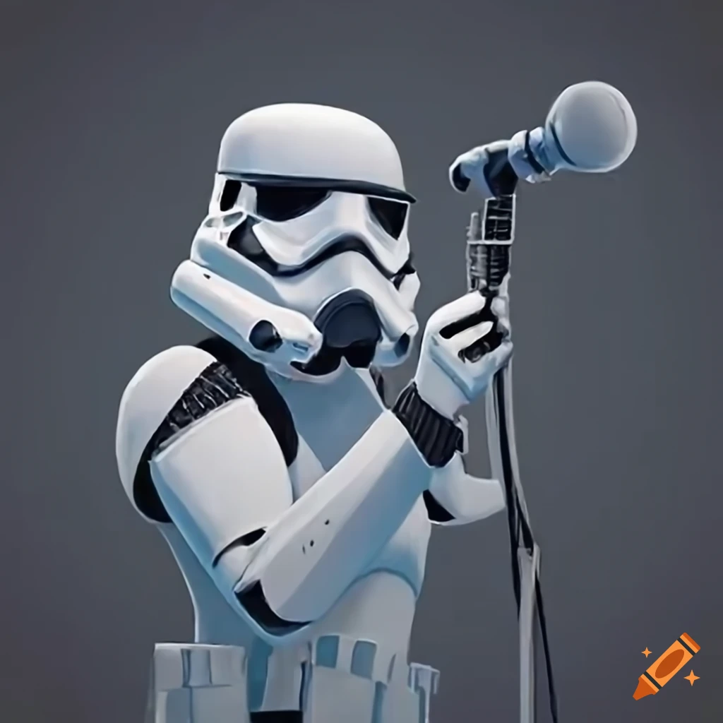 Stormtrooper singing into a microphone with MTG style on Craiyon