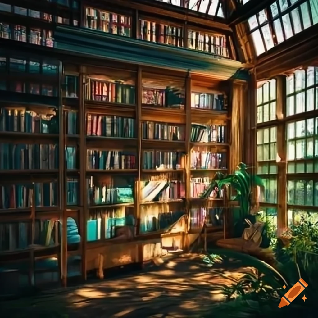 Greenhouse library suitable for zoom background on Craiyon