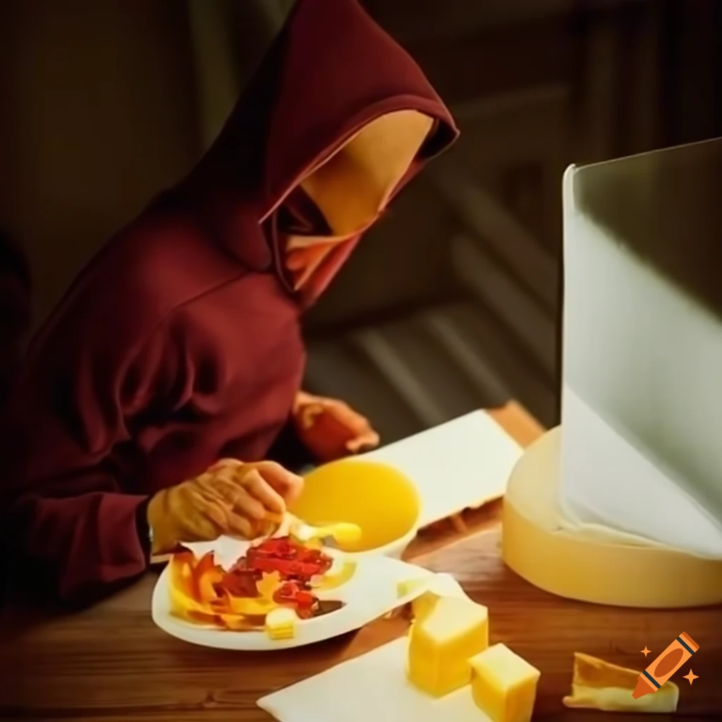 Man in a hoodie typing on a computer surrounded by cheese on Craiyon