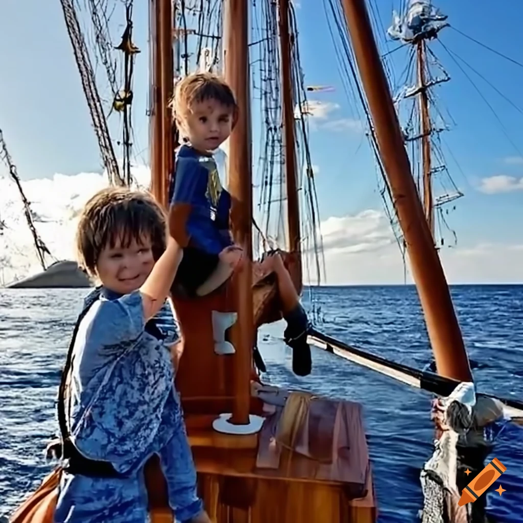 Two children aboard a tall ship learning navigation on Craiyon