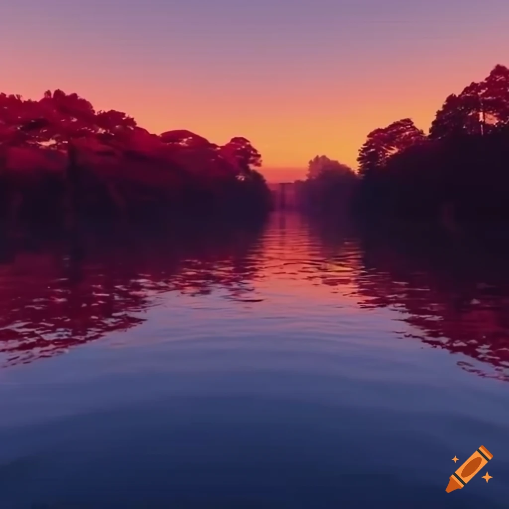 Breathtaking mountain lake at sunset with sun's rays reflecting on the ...