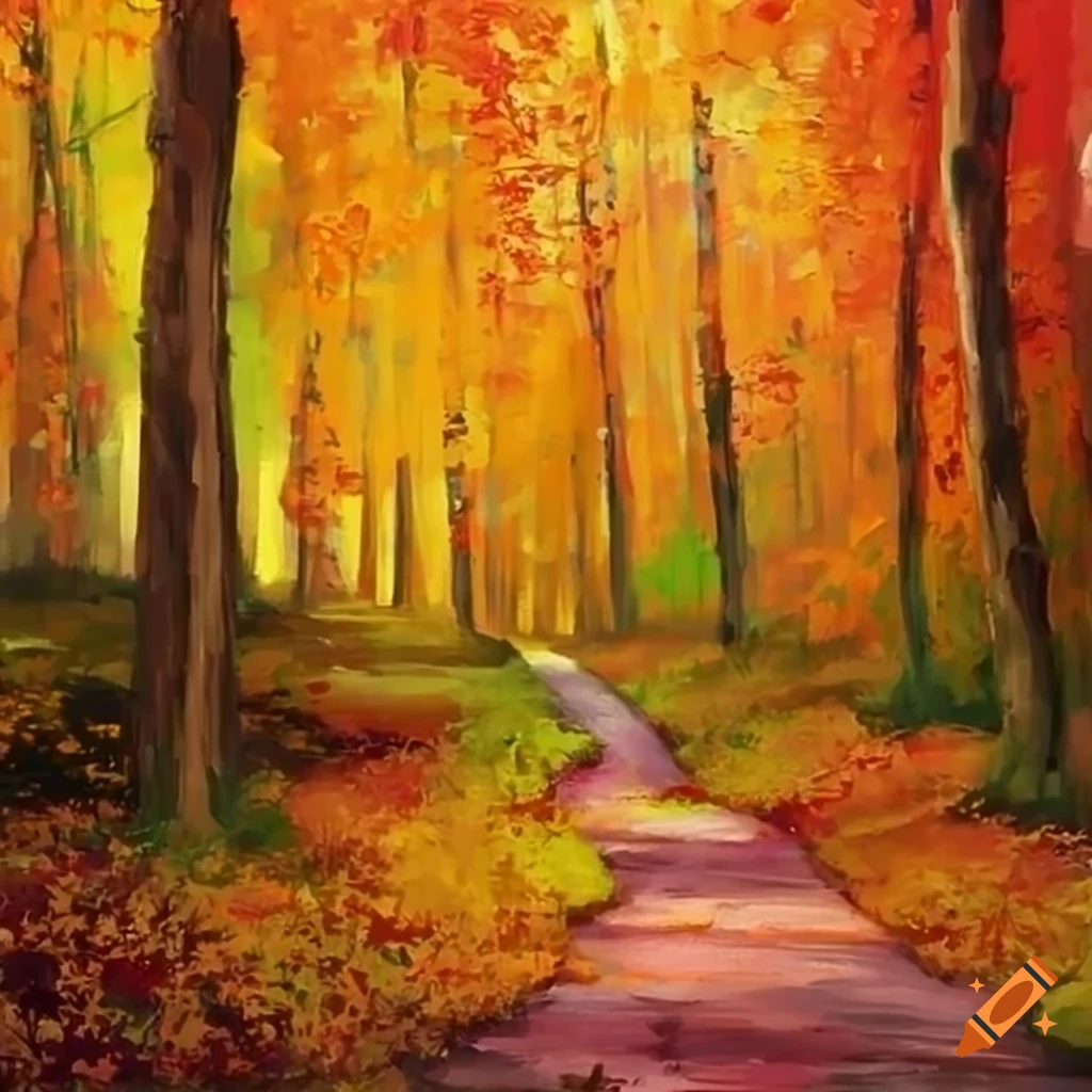 Autumn forest with a pathway in a painting on Craiyon