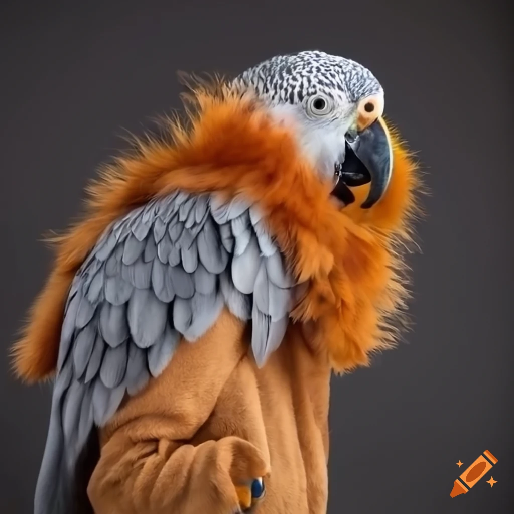 Ginger person wearing an African grey parrot furry costume on Craiyon