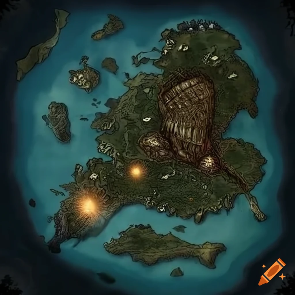 Detailed map of a dark fantasy world with multiple islands on Craiyon