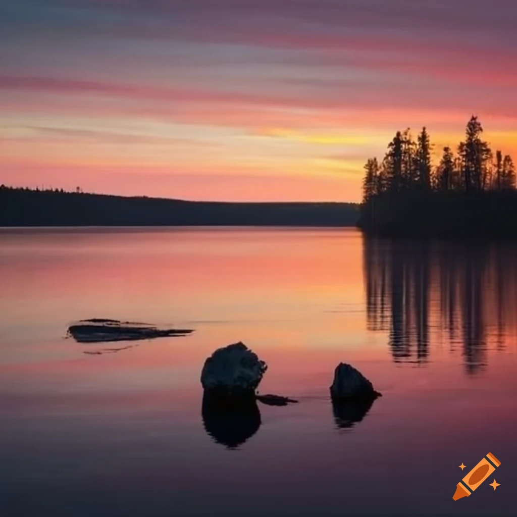 Finnish lake shore view at sunset on Craiyon