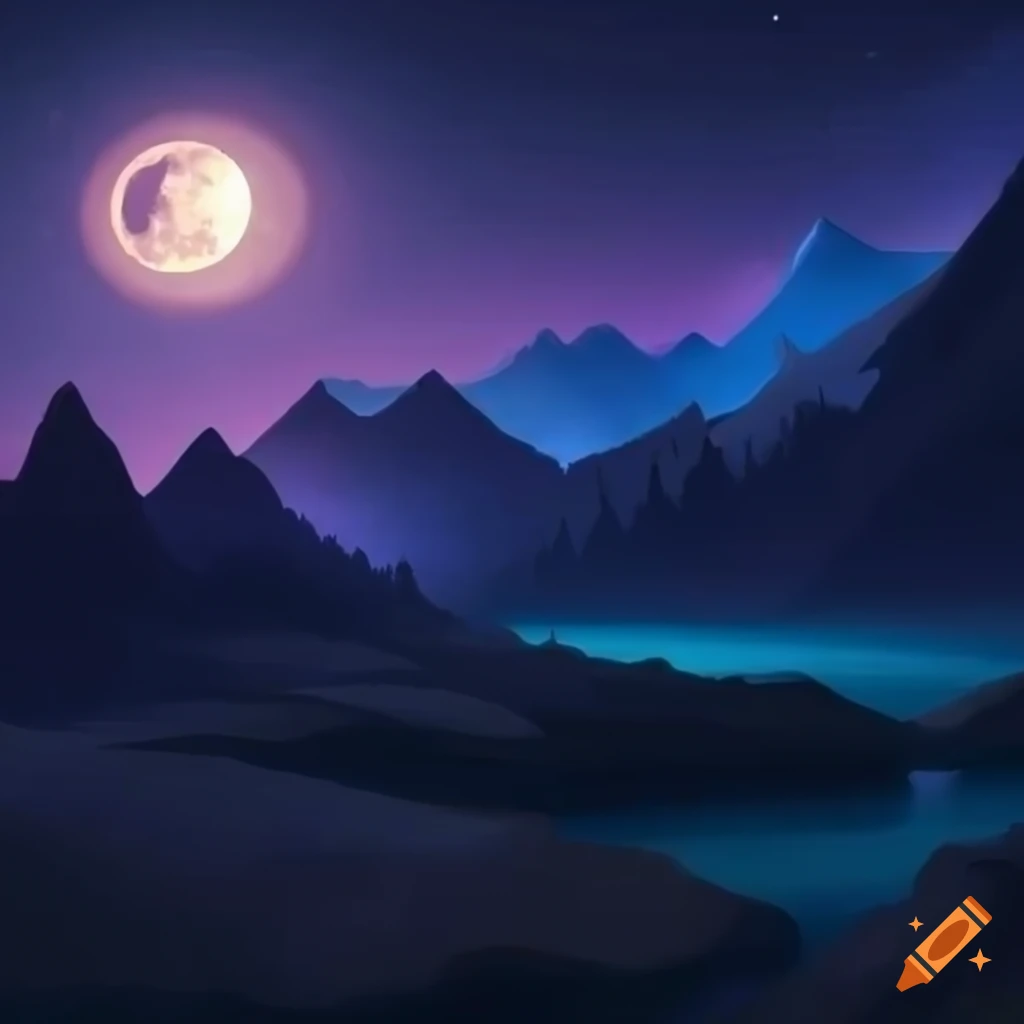 Mesmerizing night scene in a mountainous landscape with moonlight and ...