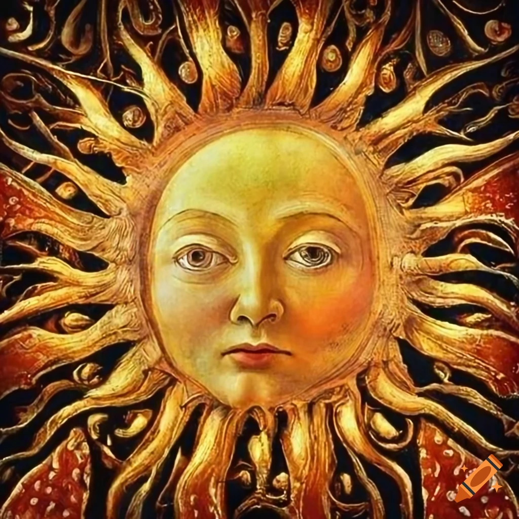 Medieval style painting of detailed sun with light beams on Craiyon