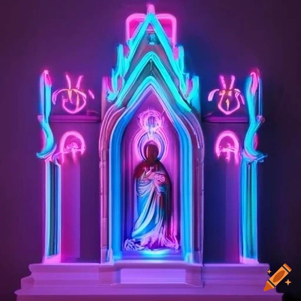 Neon altar in a religious setting on Craiyon