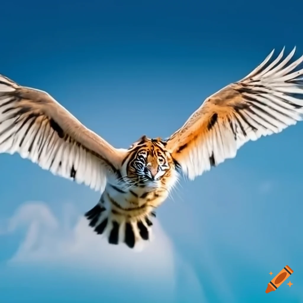 Majestic tiger with white gradient wings soaring in the sky on Craiyon