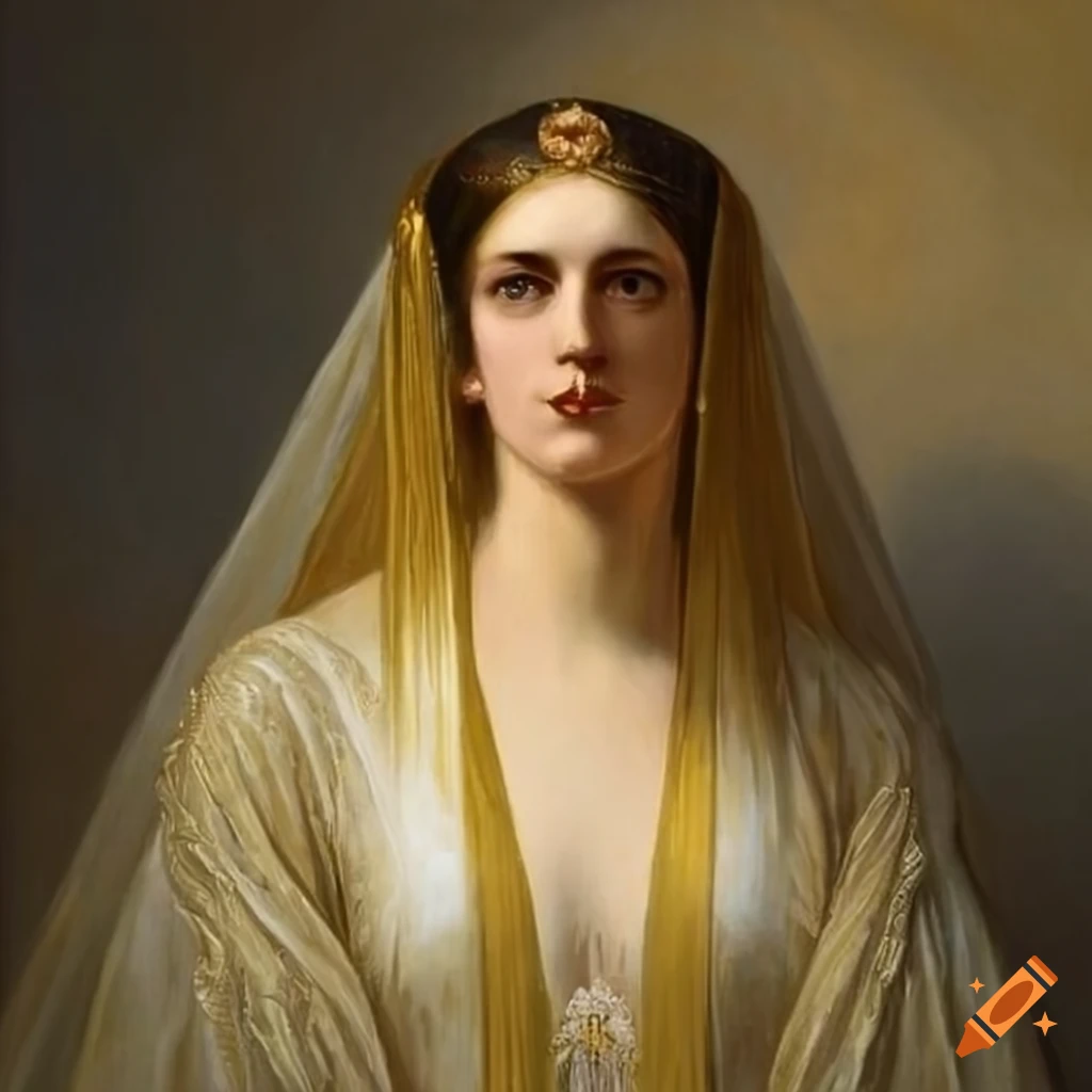 Gustave Doré style painting of a radiant woman in white and gold robes ...