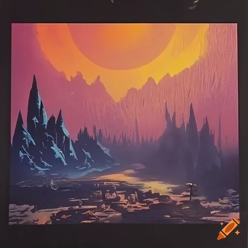 Vintage 70s sci-fi fantasy landscape movie poster on Craiyon