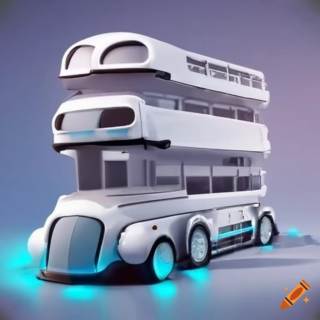 White futuristic triple decker bus on Craiyon