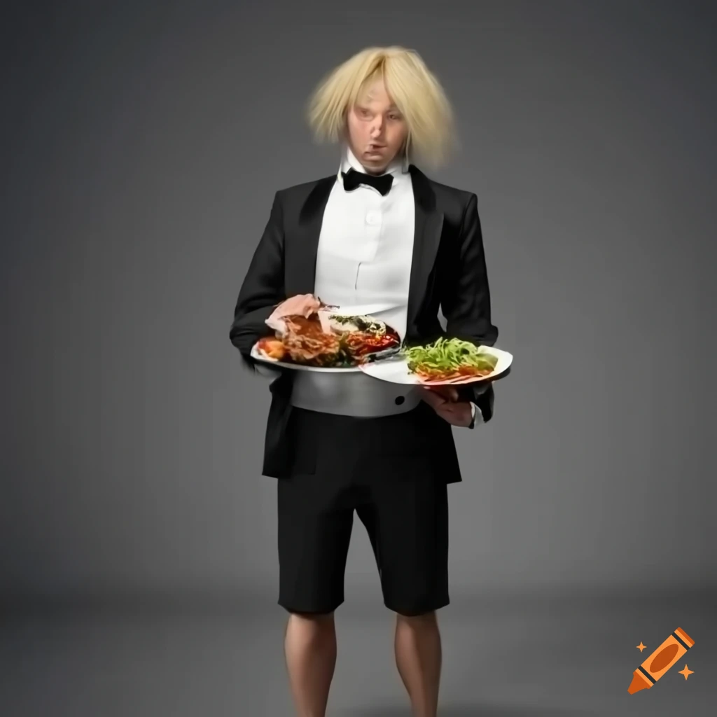 Caucasian man in tuxedo with black short shorts eating sushi standing ...