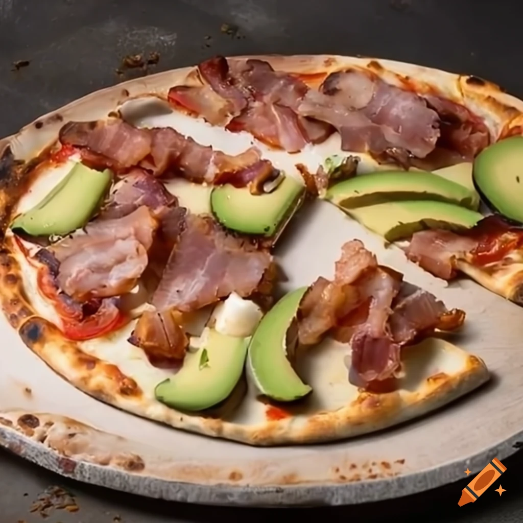 Delicious pizza topped with bacon and avocado on Craiyon