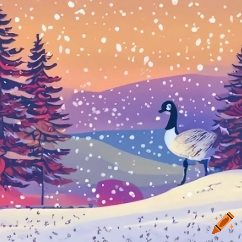 Canadian goose sliding down a snowy hill in a winter setting on Craiyon