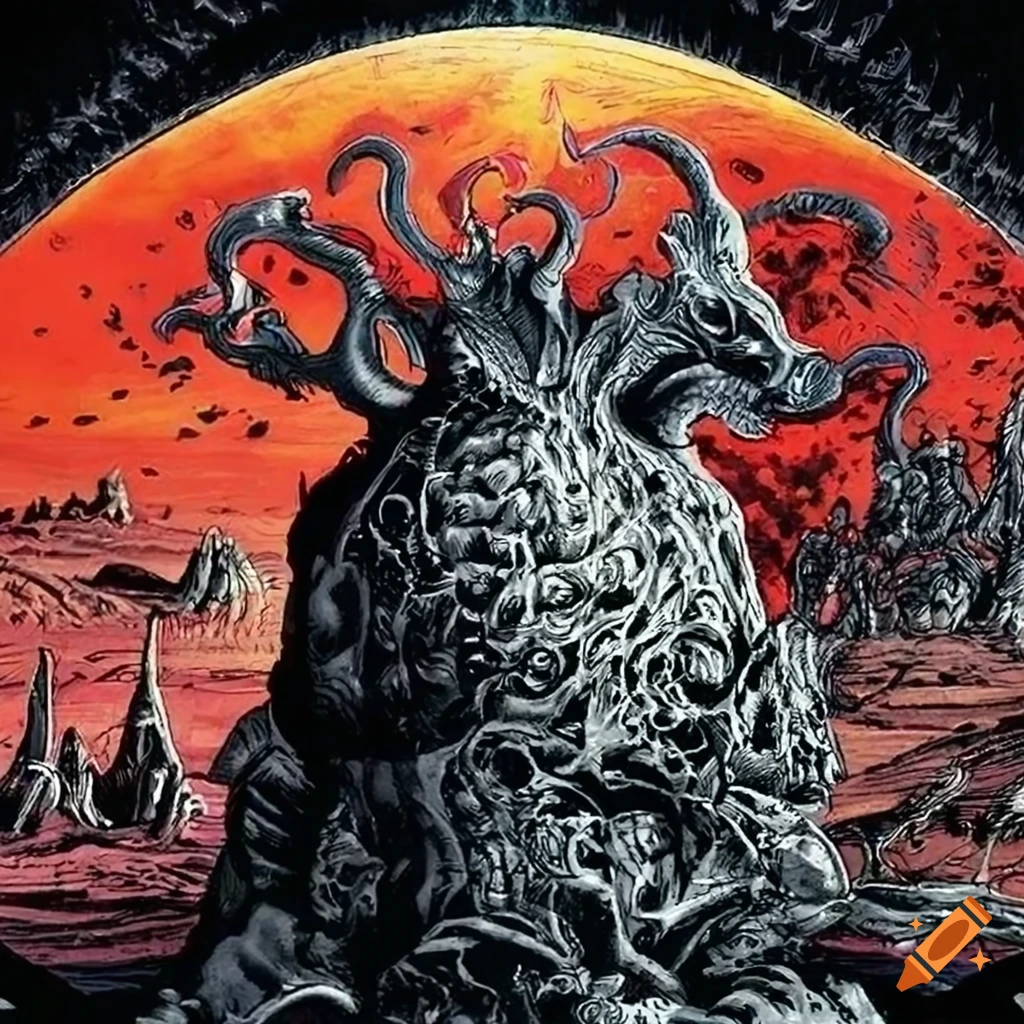 Dark heavy contrast manga illustration with a hellscape landscape on ...