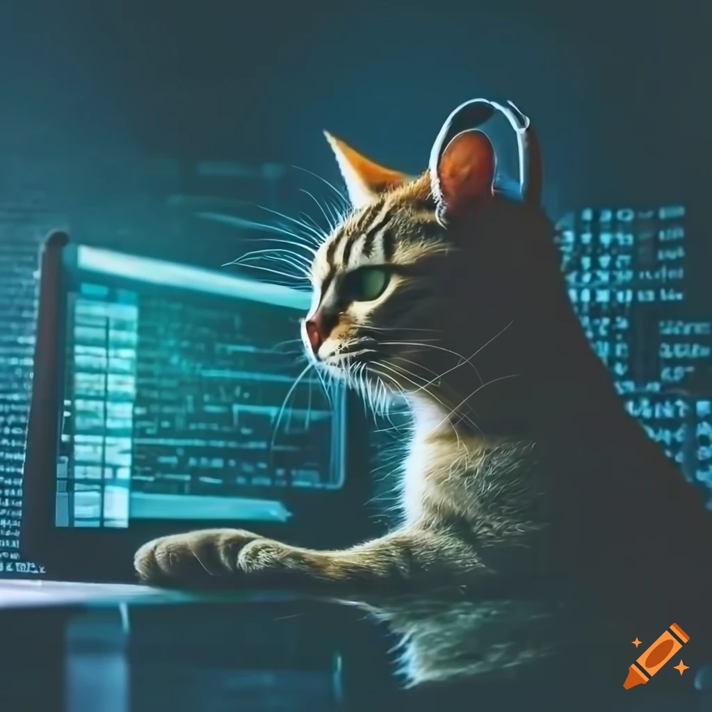 Cat with headphones at a computer surrounded by open tabs about hacking ...