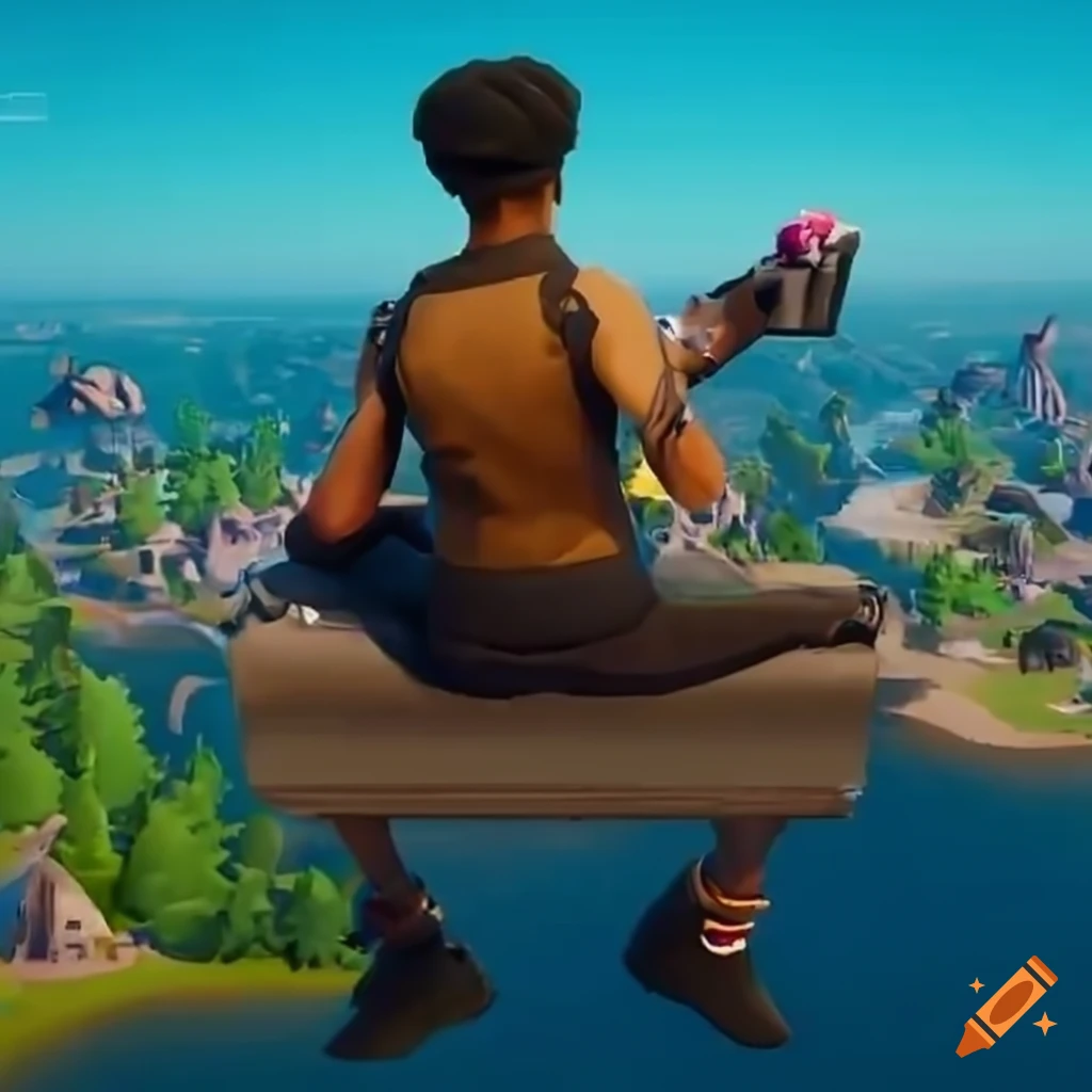 Fortnite island with a person sitting atop the highest mountain on Craiyon