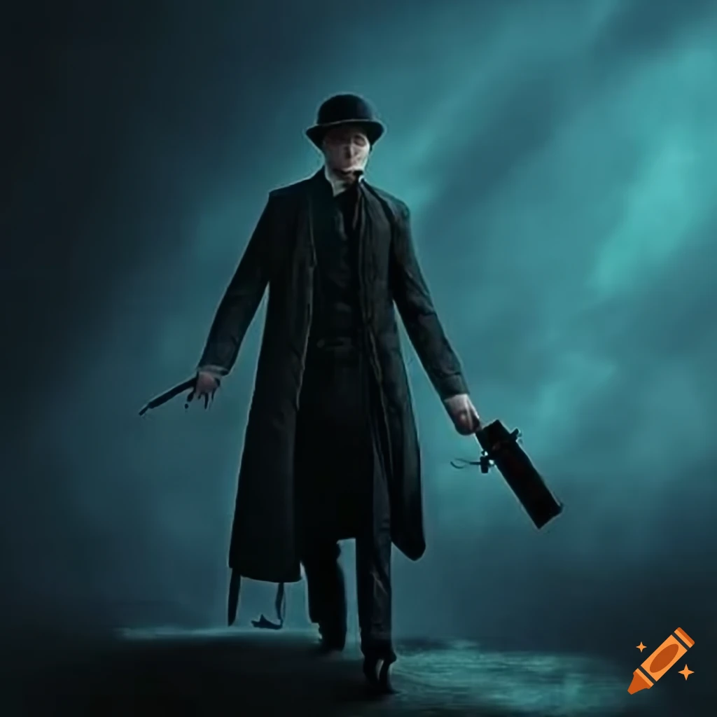 Sherlock Holmes solving a crime with the light of a lantern in a dark ...