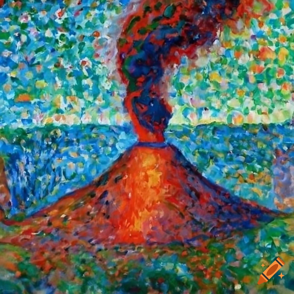 Volcano painting in the pointillist style of seurat on Craiyon