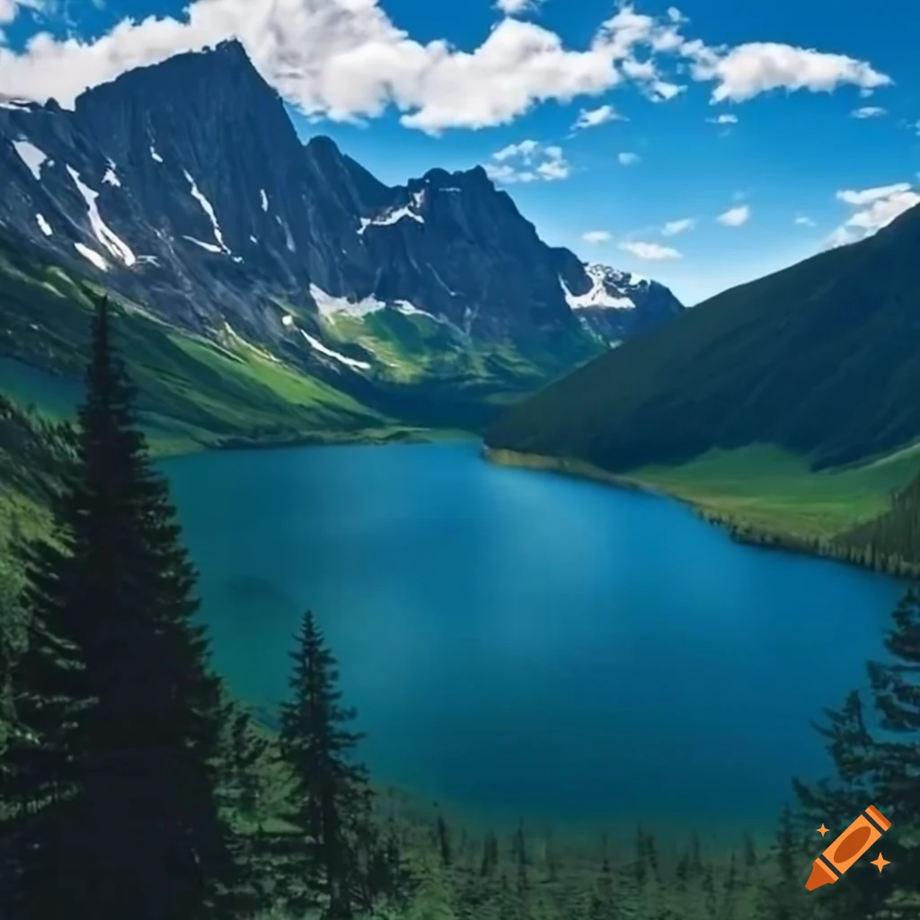 High detail mountain with a lake at the base on Craiyon