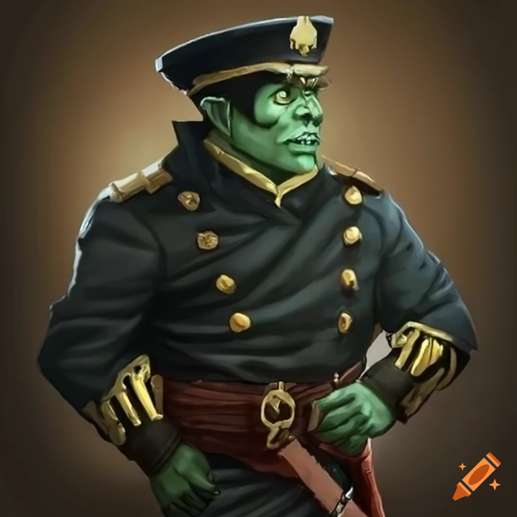 Half-orc wearing imperial navy uniform on Craiyon