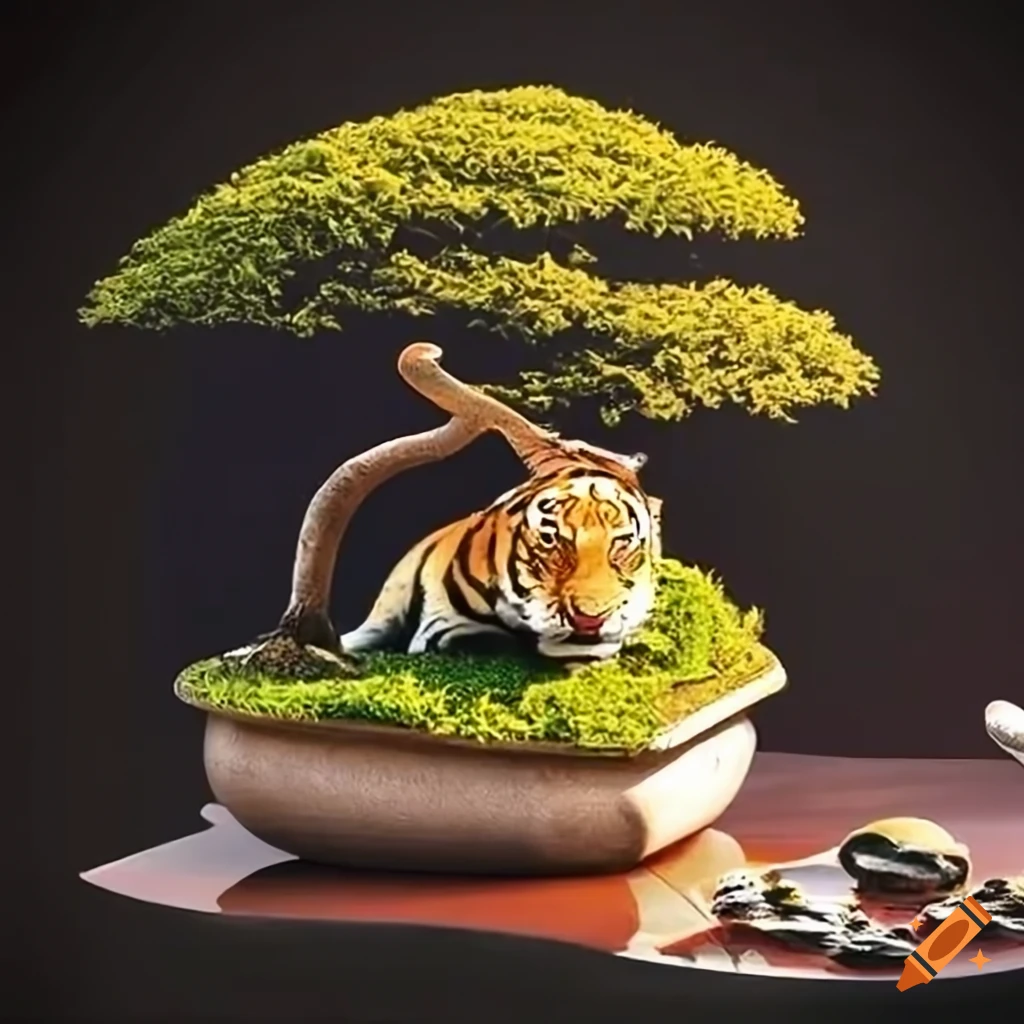 Bonsai tree with tiger and falling ducks under the bright sun on Craiyon