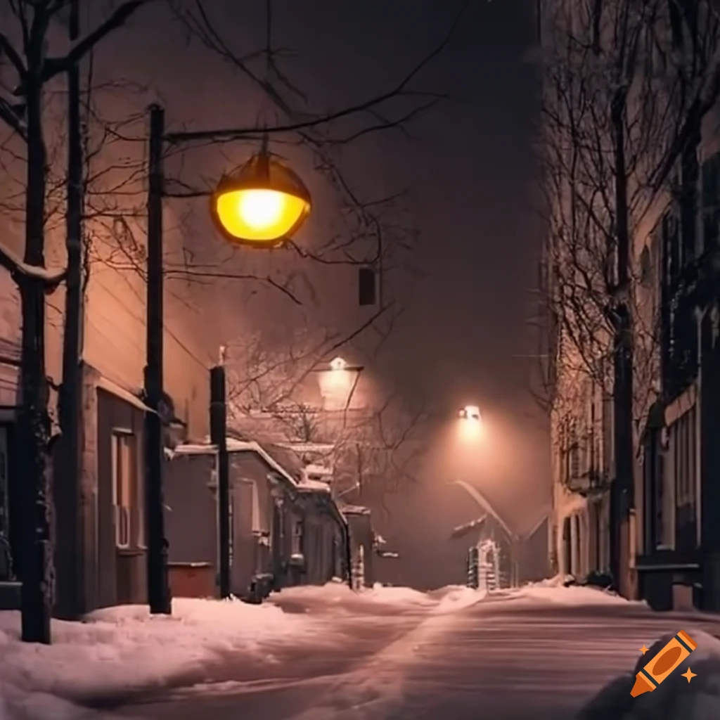 Snow covered neighborhood at night with warm yellow street lamps on Craiyon