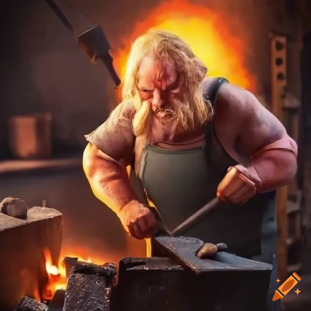 Skilled blonde dwarf blacksmith working at his forge on Craiyon