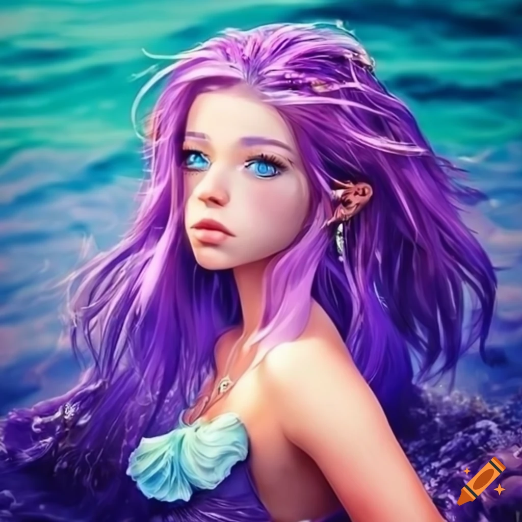 Mermaid With Purple Hair And Blue Eyes In An Ocean Sunset Setting On Craiyon