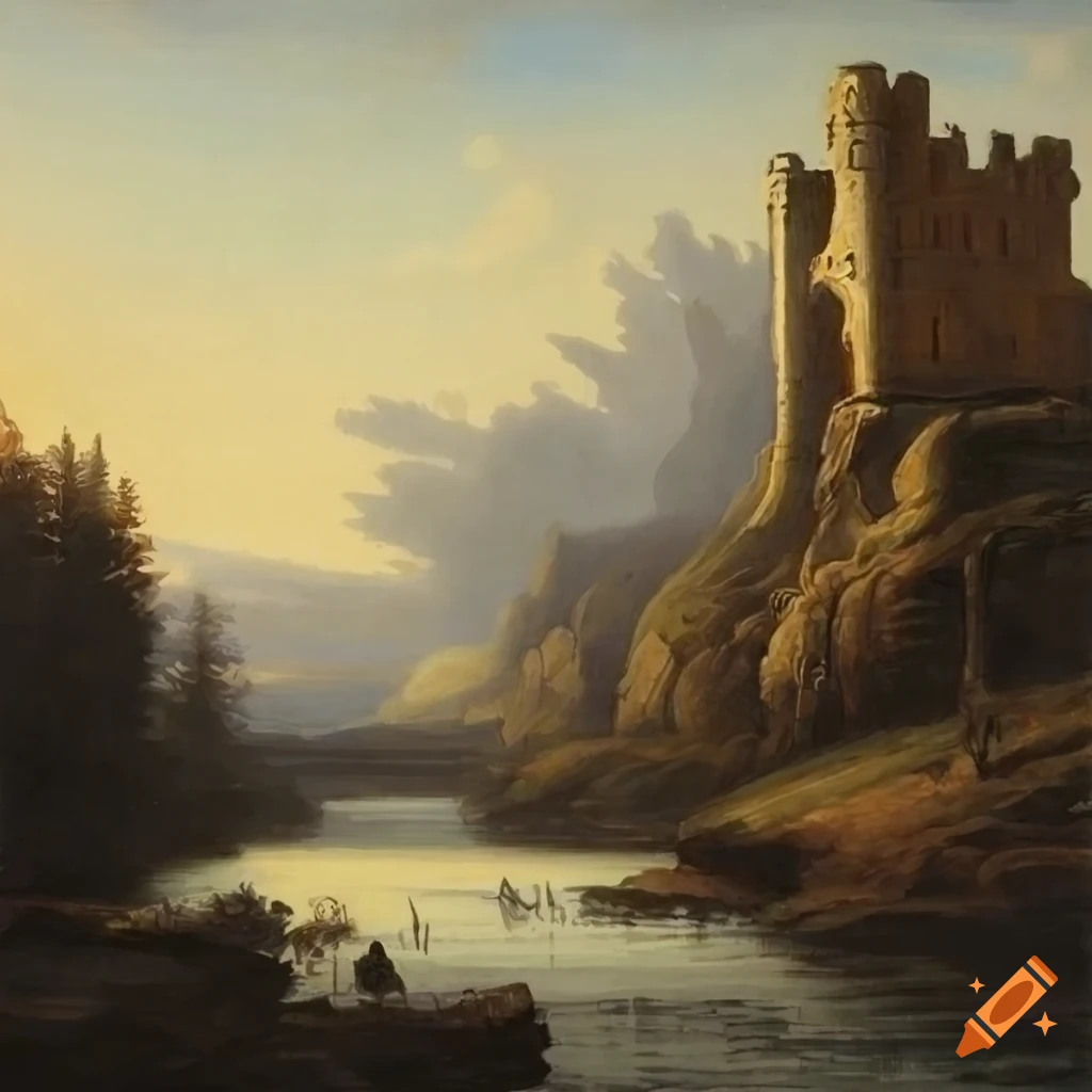 Wintery landscape with castle and godrays by Larry Elmore on Craiyon