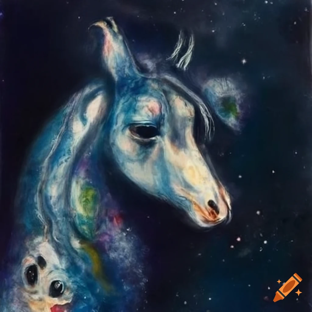 Men, women, horses, and chickens in outer space with a marc chagall ...