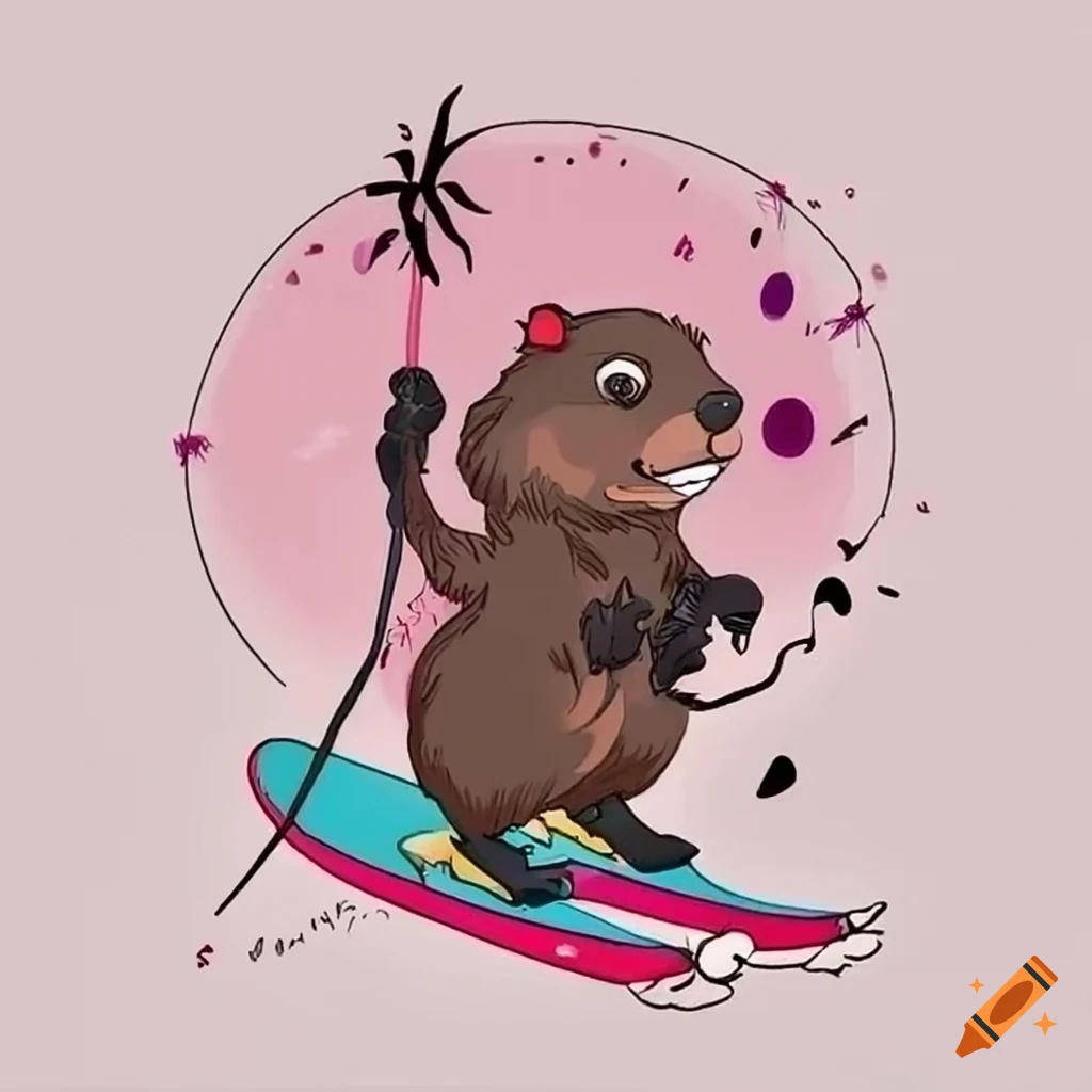 Beaver skiing in black and white line art style on Craiyon