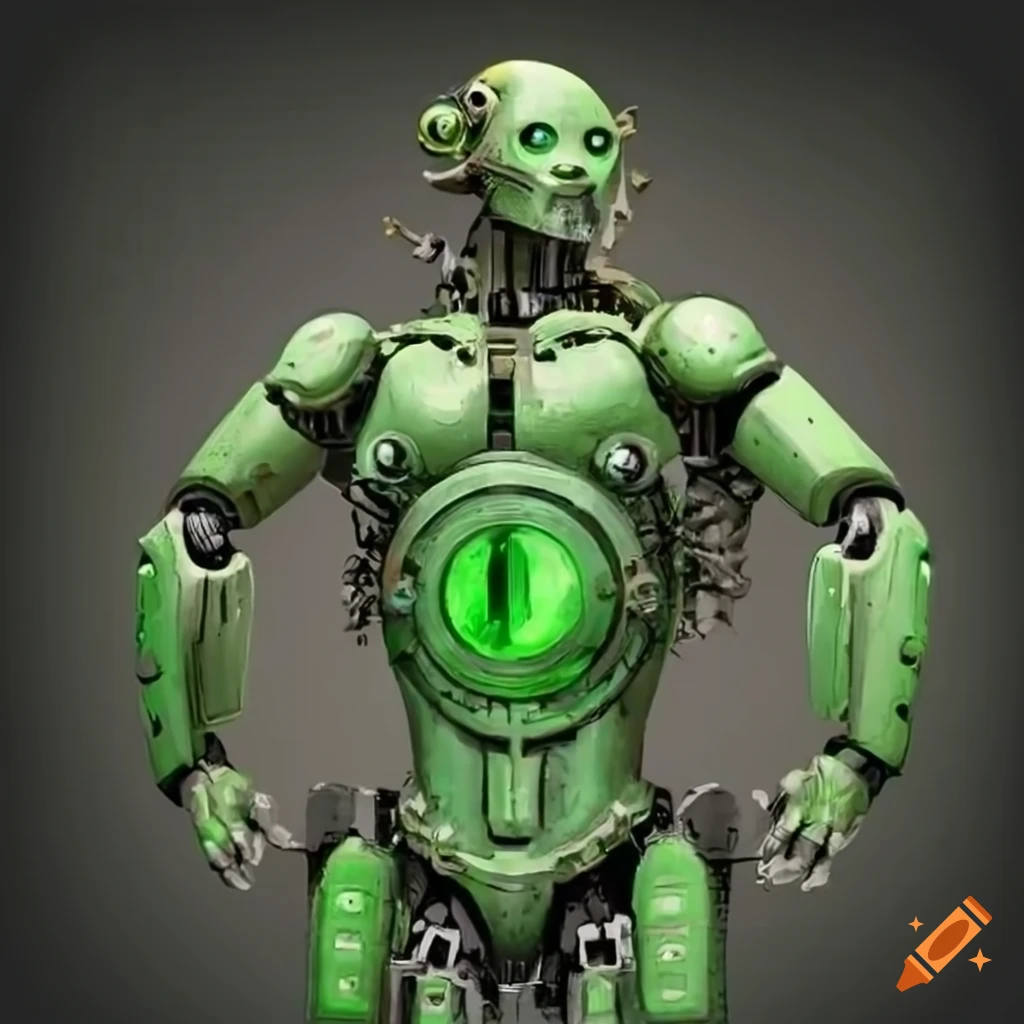 Detailed steampunk-inspired green robot with nameplate dejwbot on Craiyon