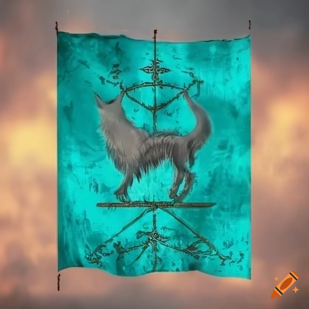 Weathered turquoise flag with wolf insignia against plain sky ...