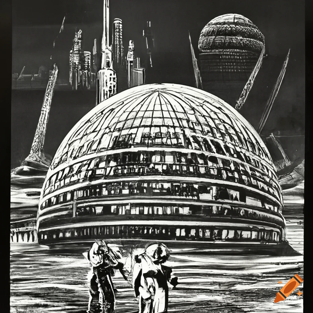 1974 space-jazz album cover with futuristic city dome construction and ...