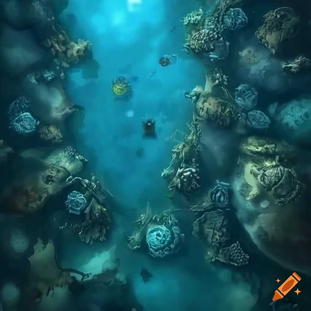 Top down view of an underwater battlemap on the ocean floor on Craiyon