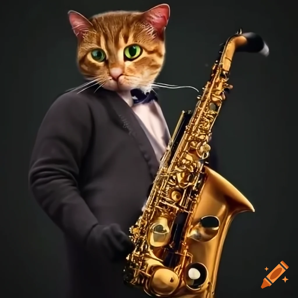 Cat playing alto saxophone in a jazz performance on Craiyon