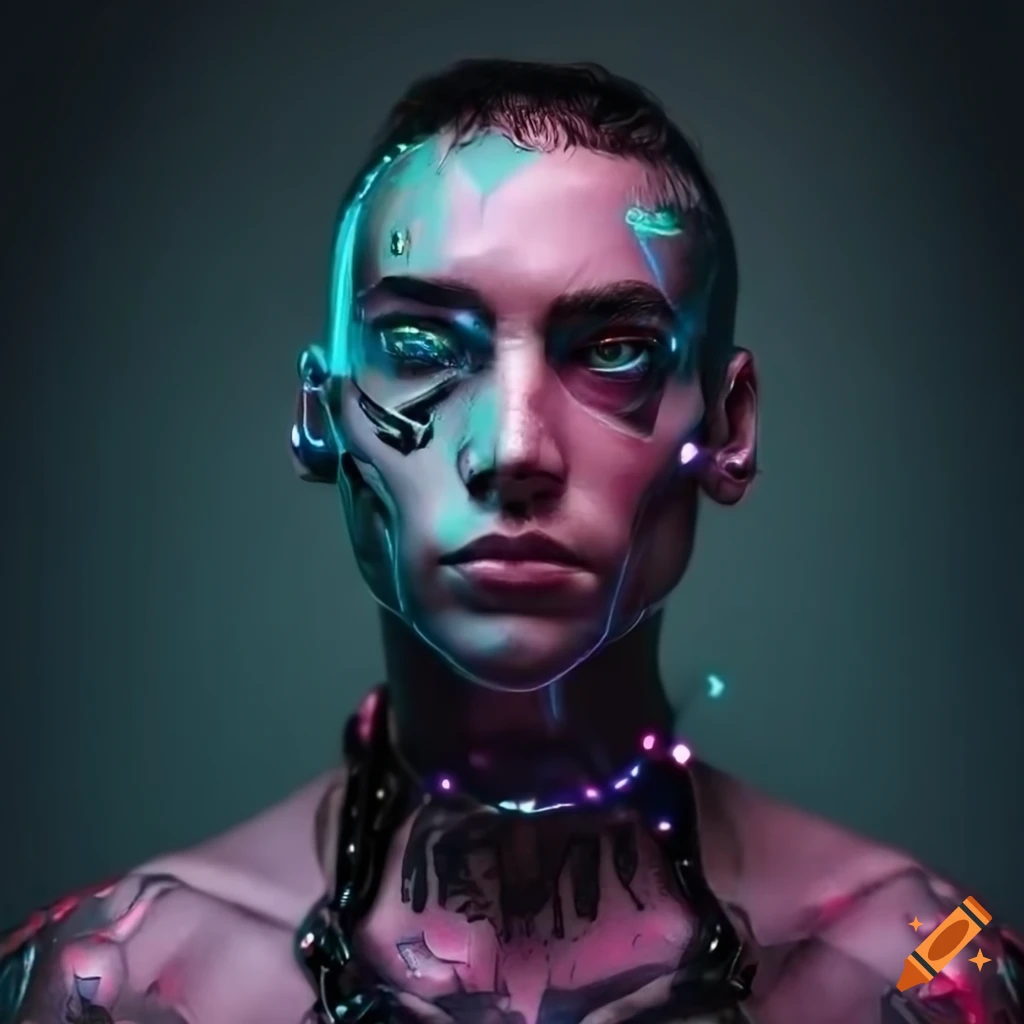 Portrait of a male cyborg with chrome skin and LED light tattoos on Craiyon